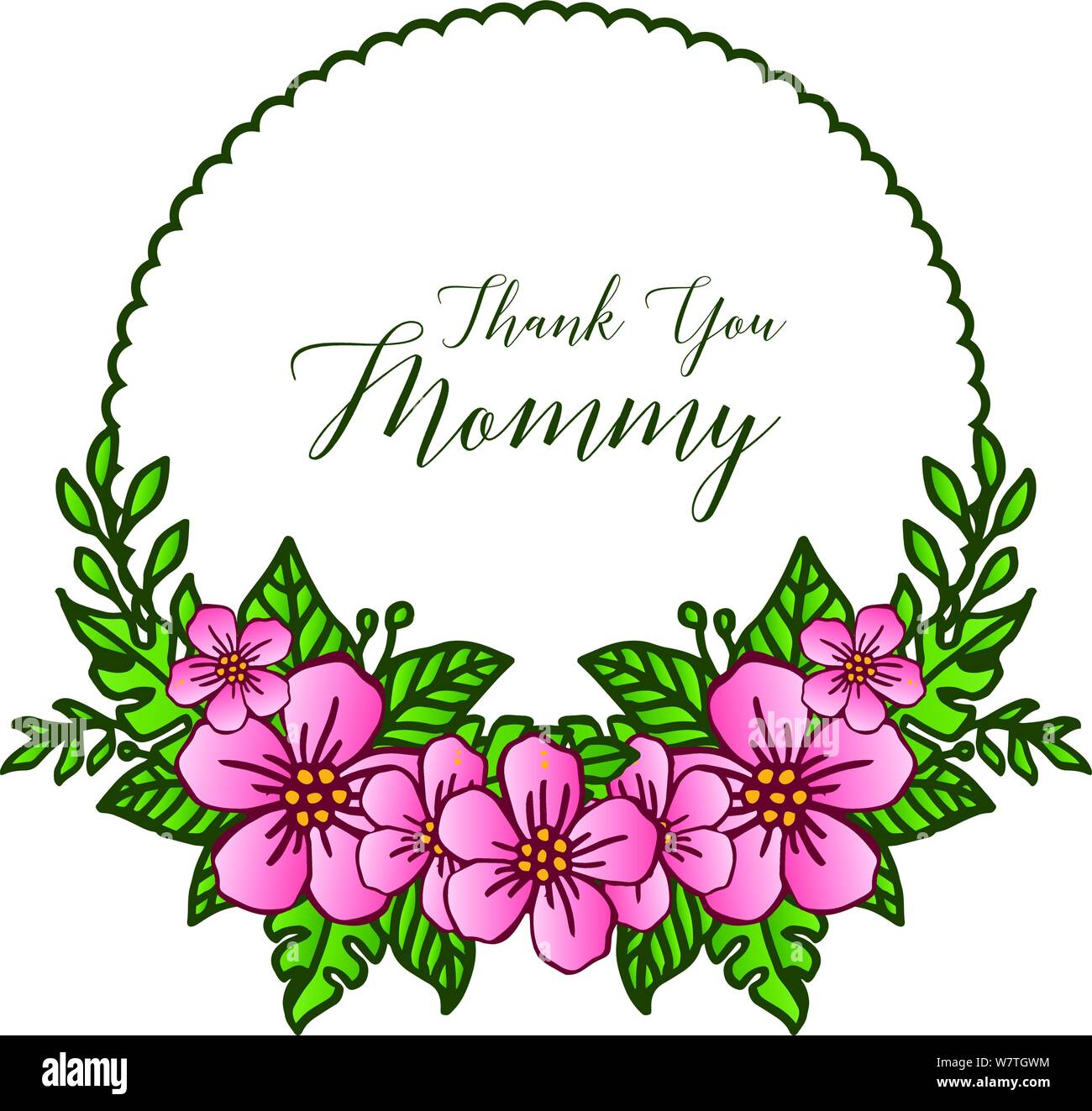 Design Of Greeting Card Thank You Mommy With Various Crowd Of Green Leafy Floral Frame Vector