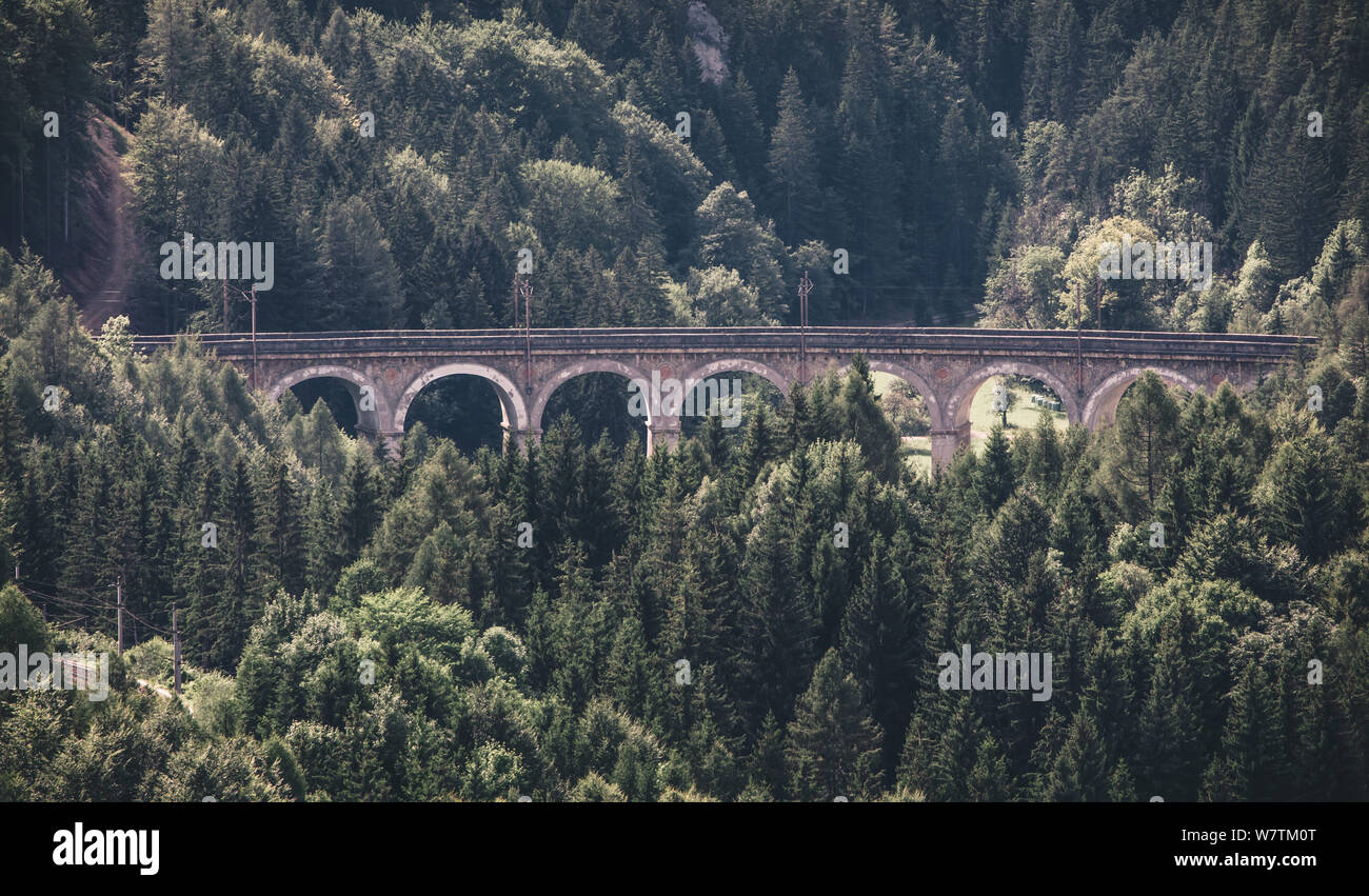 Train running on the viaduct of historic old beautiful Semmering ...