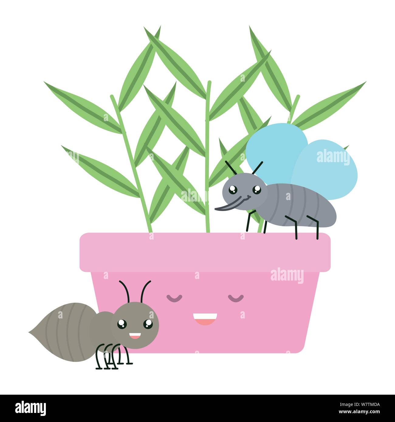 house plant in ceramic pot with insects flying kawaii style vector ...