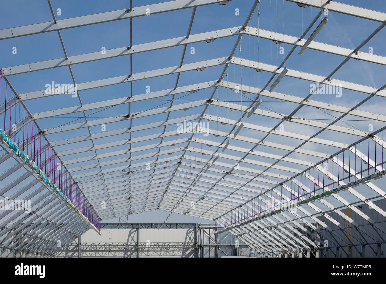 Metallic Ceiling Structure under Construction and Blue Sky in ...