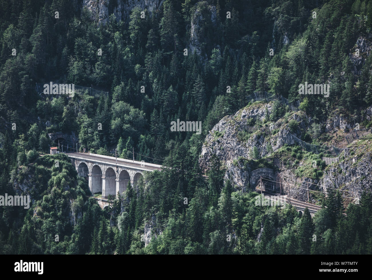 Train running on the viaduct of historic old beautiful Semmering ...