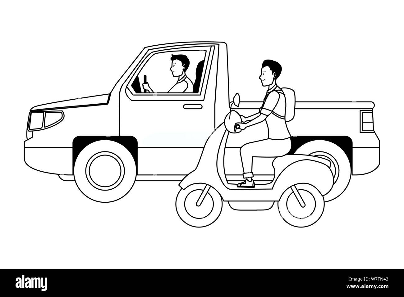 Vehicle and motorcycle with drivers riding in black and white Stock ...