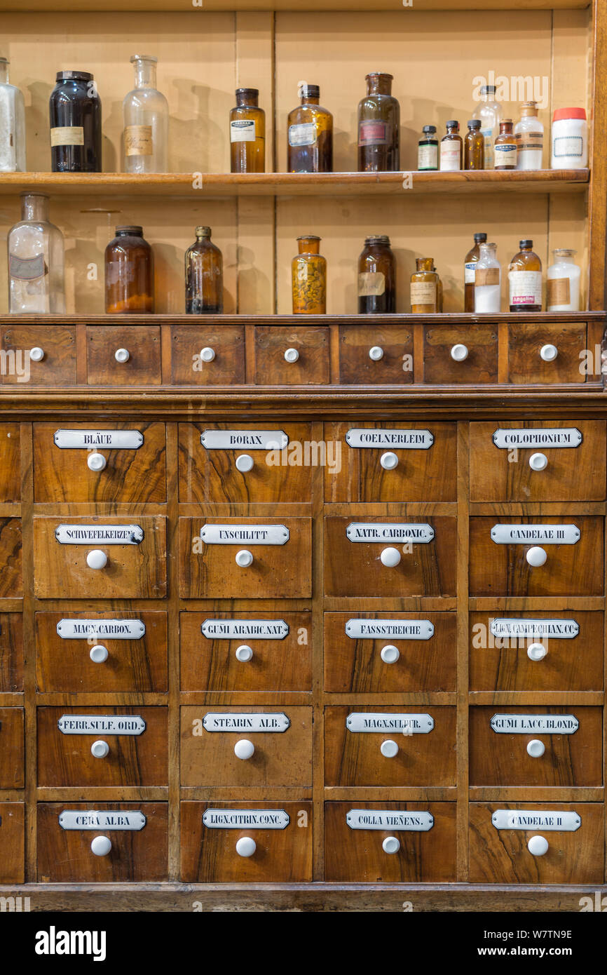Antique Wooden Drawers of a Chemistry Laboratory and Glass Bottles ...