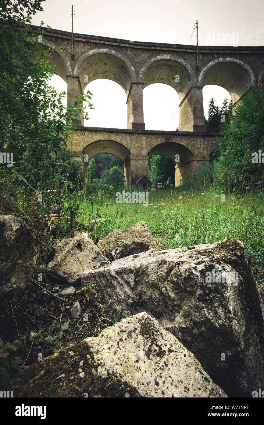 Train running on the viaduct of historic old beautiful Semmering railway Semmeringbahn in alps ...