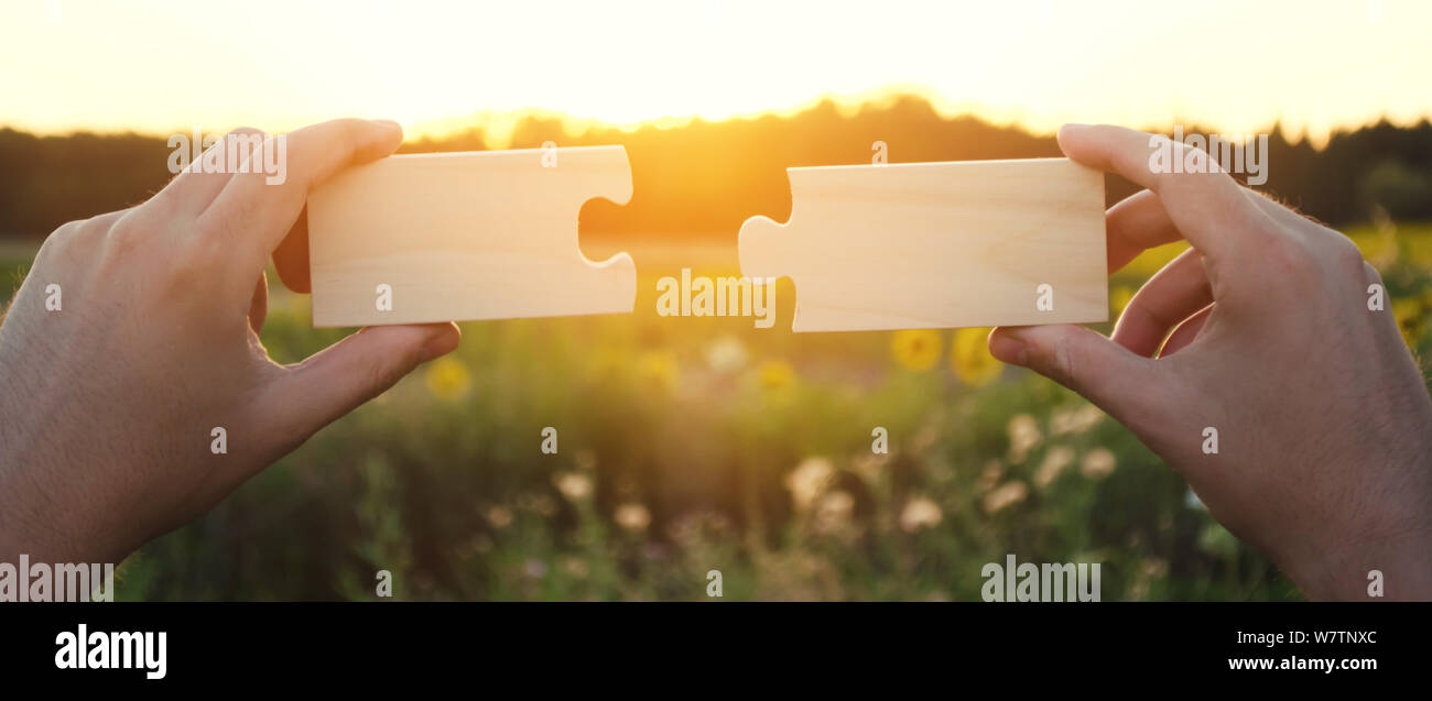 A man collects collects wooden puzzles at sunset. Concept of success ...