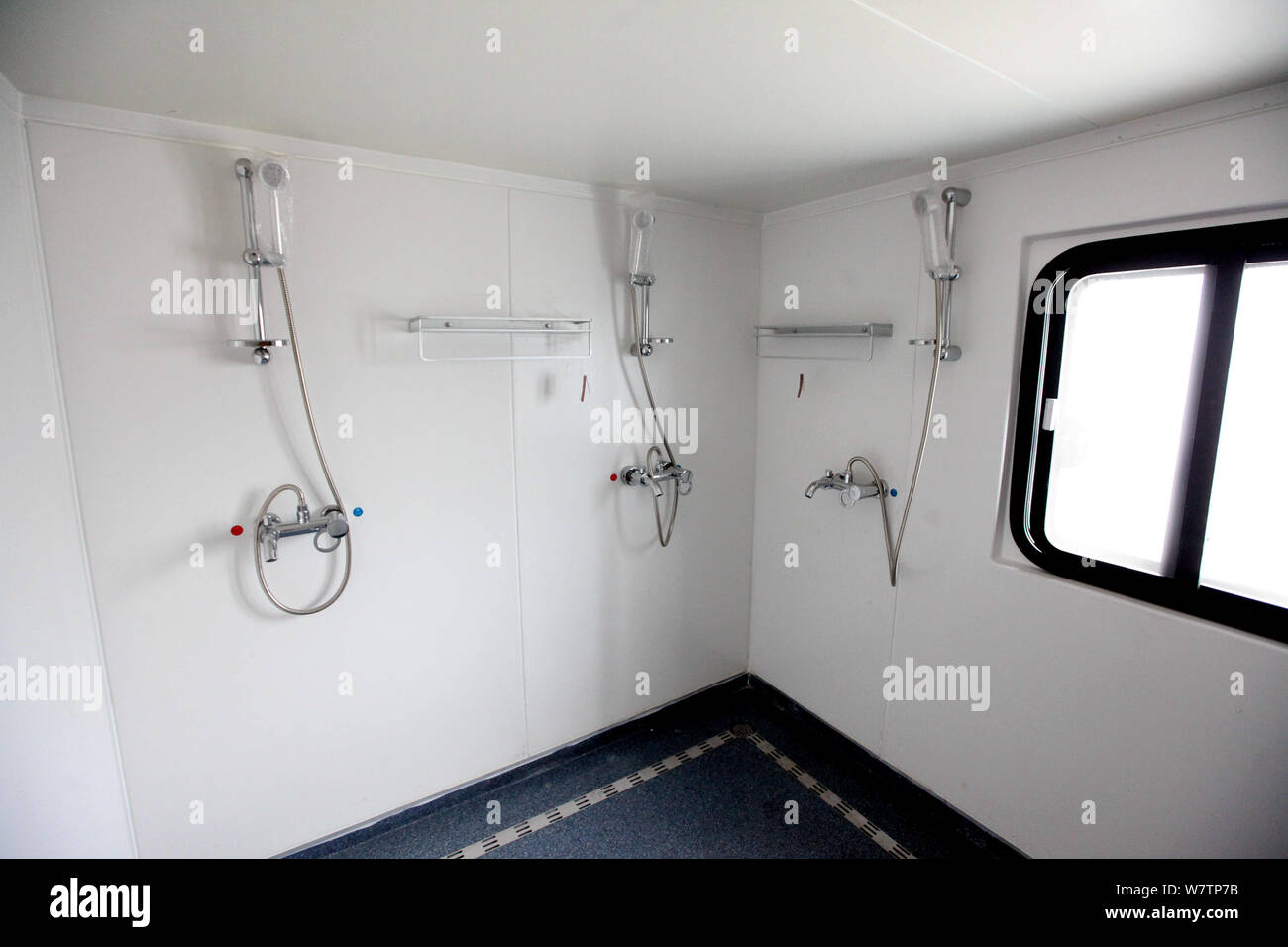 View of a shower cubicle in the maintenance vehicle along the railway ...