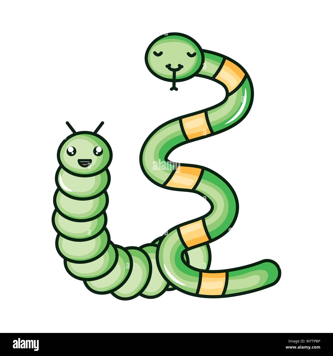 cute little snake with worm kawaii characters vector illustration ...