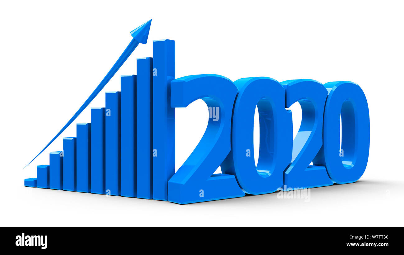 Blue business graph with arrow up and 2020 symbol, represents growth in the new year 2020, three ...