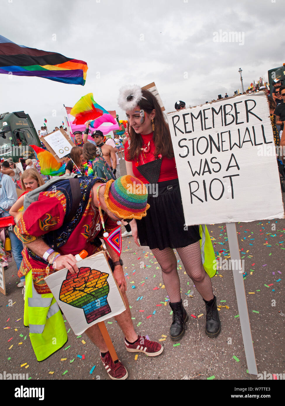 A placard remembering the Stonewall riot at Brighton Pride 2019 Stock ...