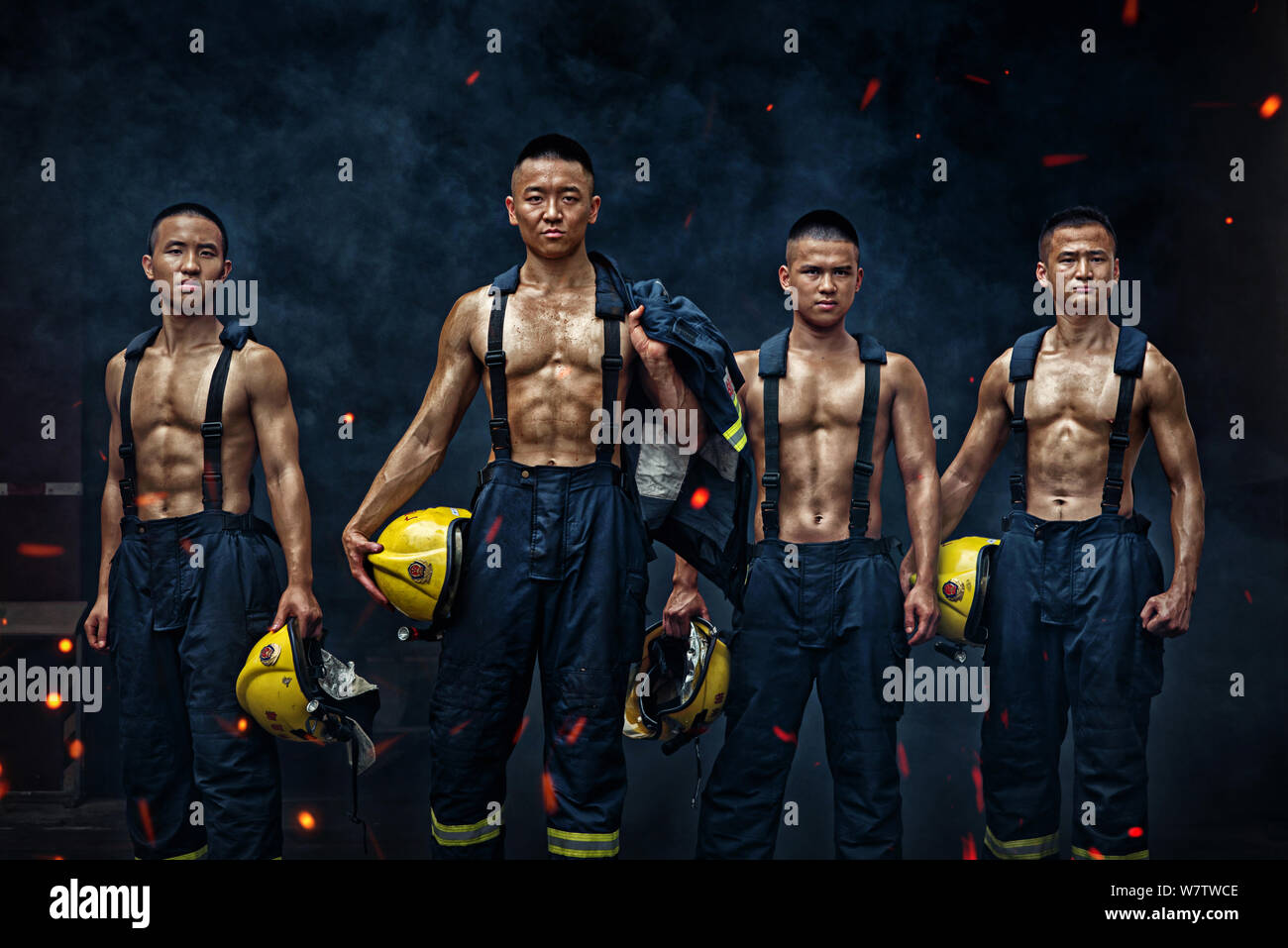 Chinese firefighters of a fire brigade pose for a poster in Liuzhou ...