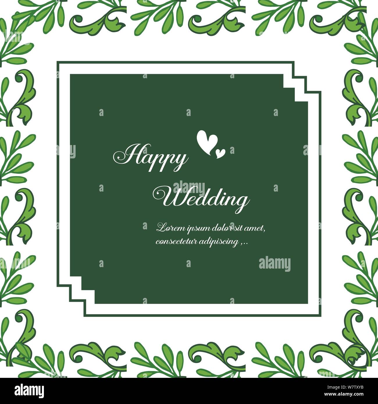 Template for happy wedding, colorful flower and frame of leaf branches ...