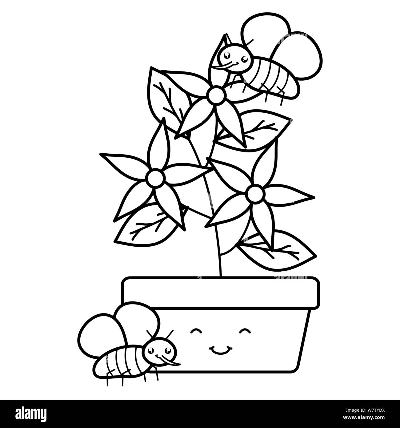 garden flowers plant in pot with insects flying kawaii style vector ...