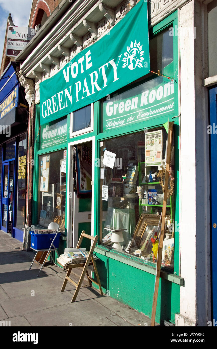 The Green Room, Green Party charity shop with banner saying Vote Green ...