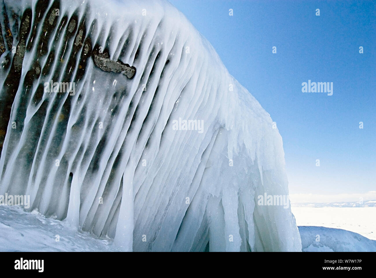Ice formations caused by splashing water, Lake Baikal, Siberia, Russia ...