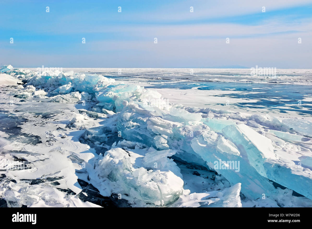 Ice pile on Lake Baikal in spring, Lake Baikal, Siberia, Russia, March ...