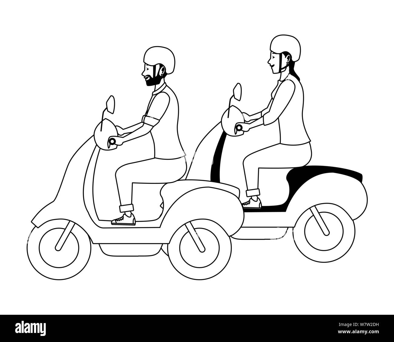 People riding scooters motorcycles cartoon in black and white Stock ...