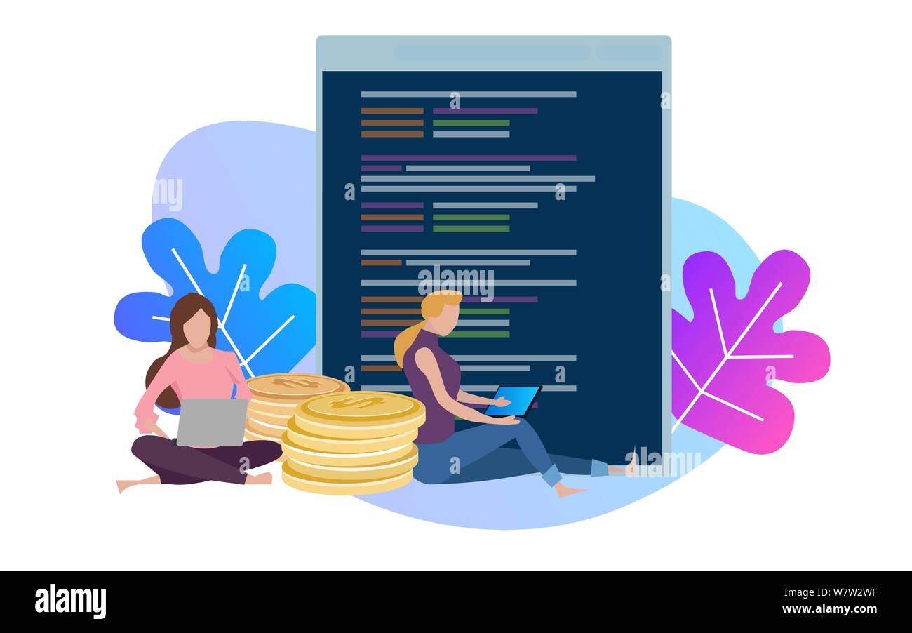 Illustration of female woman programmer coding on a Computer. Get money ...