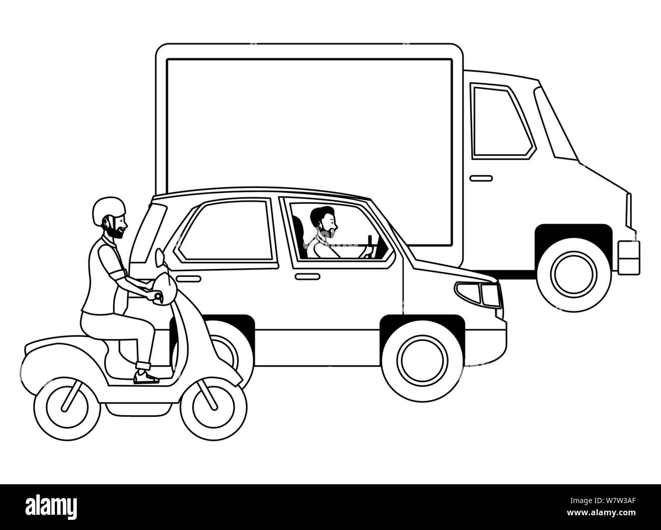 Vehicles and motorcycle with drivers riding in black and white Stock ...