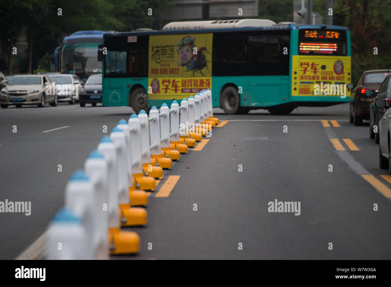 View of a reversible lane with a guardrail controlled by remote control ...