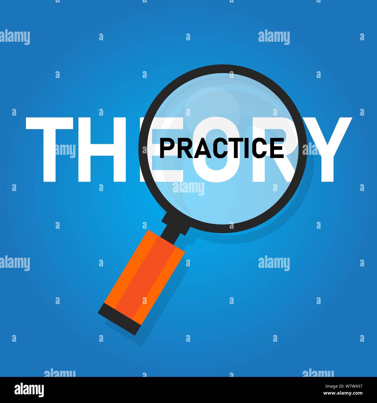 Theory Practice concept word zoomed with magnifying glass. Illustration ...