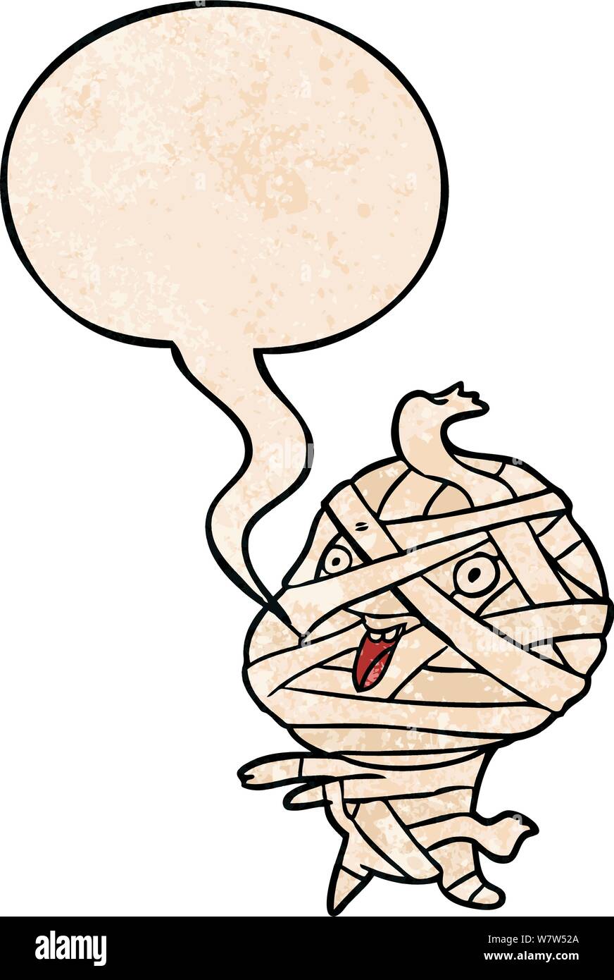 cute cartoon halloween mummy with speech bubble in retro texture style ...