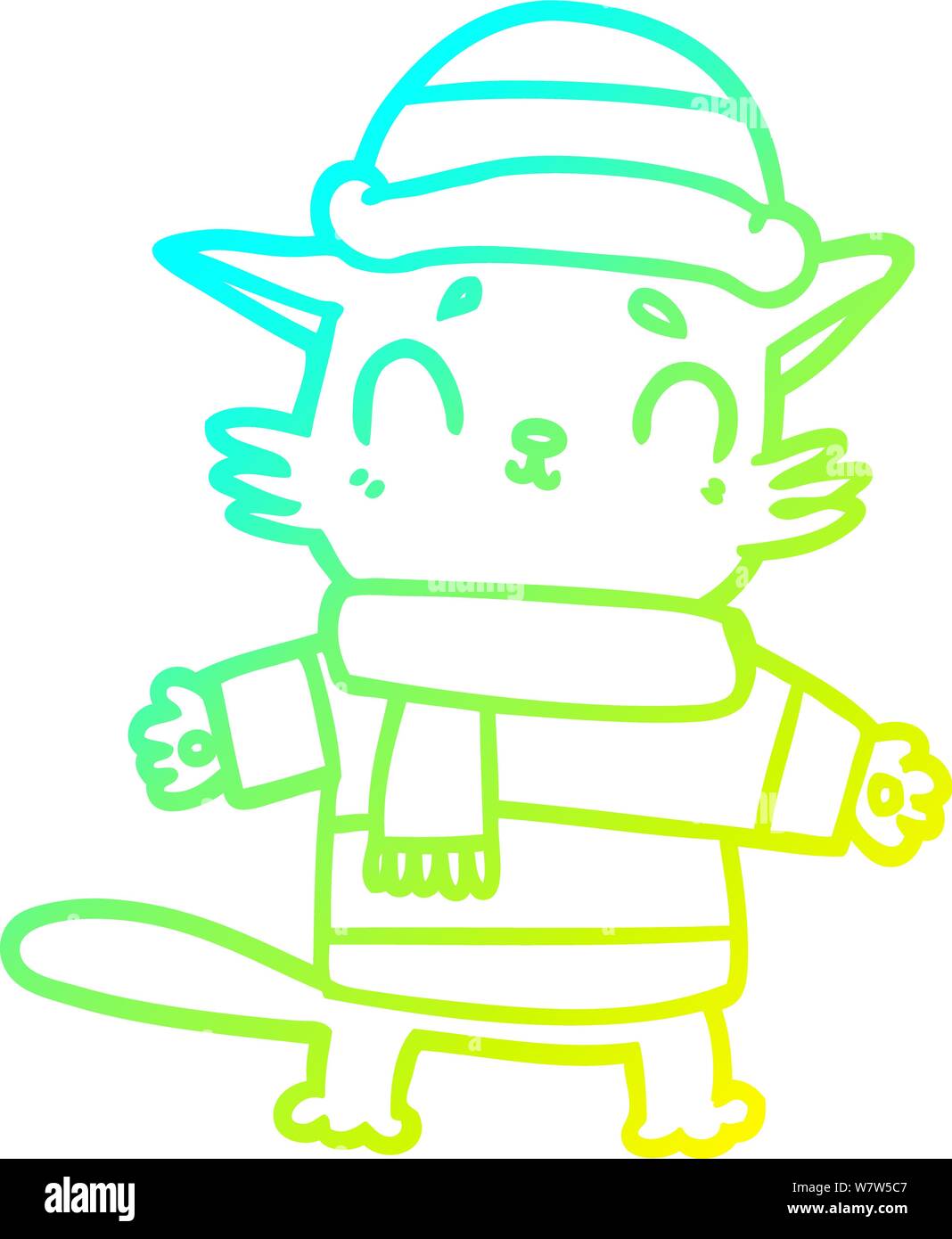 cold gradient line drawing of a cartoon cat in winter clothes Stock ...