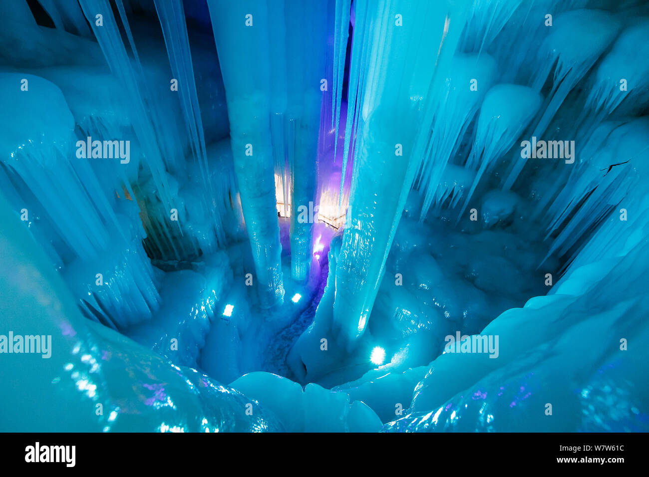 View of the China's largest ice cave with colorful lights in Luya ...