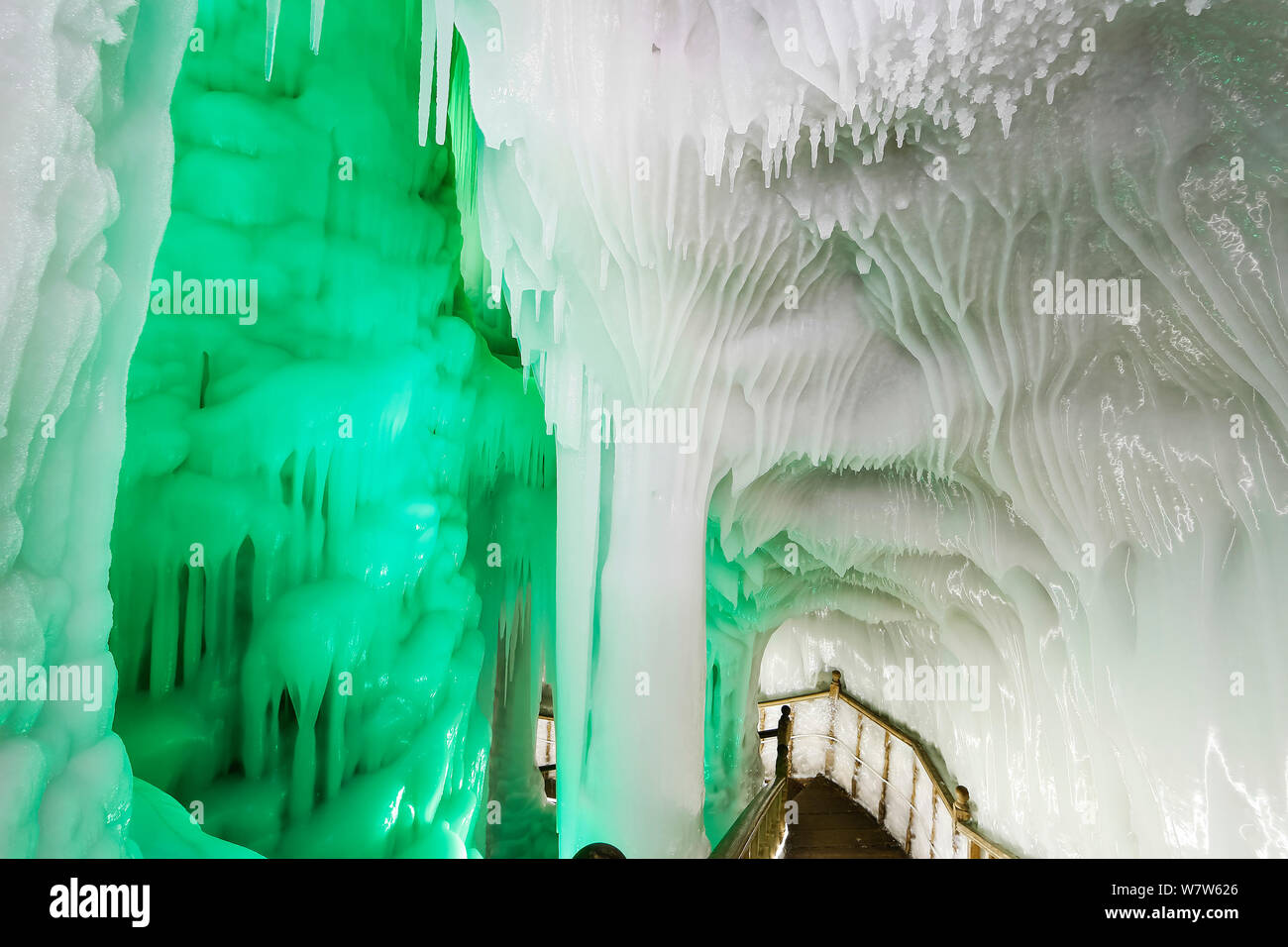 View of the China's largest ice cave with colorful lights in Luya ...