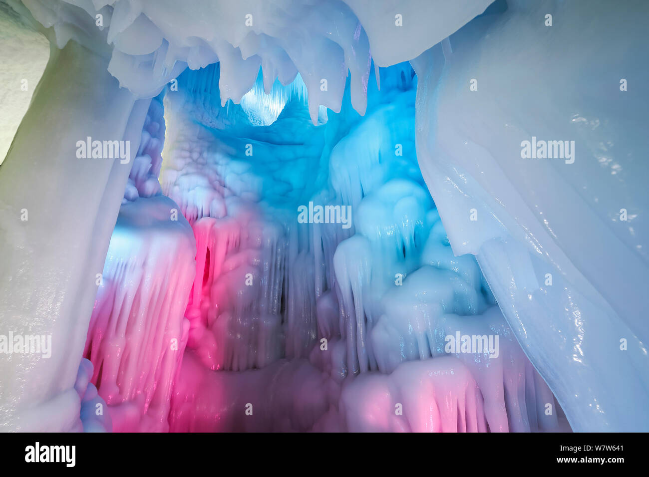 View of the China's largest ice cave with colorful lights in Luya ...