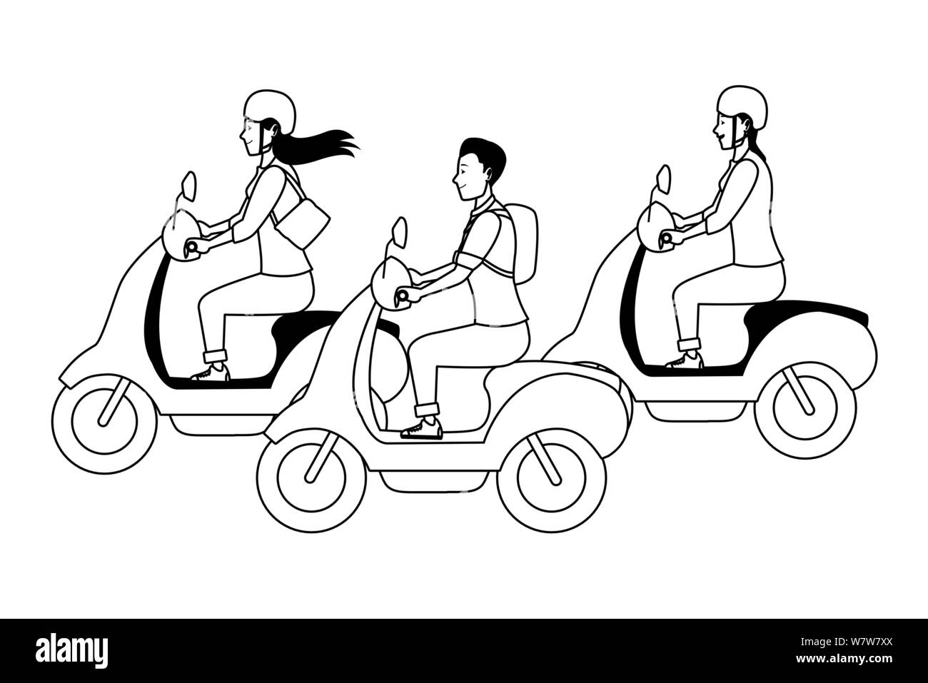 People riding scooters motorcycles cartoon in black and white Stock ...