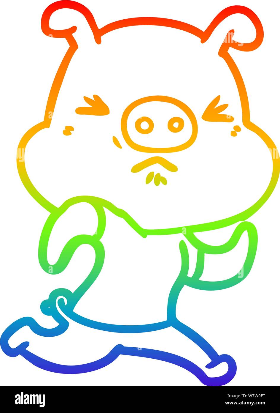 rainbow gradient line drawing of a cartoon angry pig wearing tee shirt ...