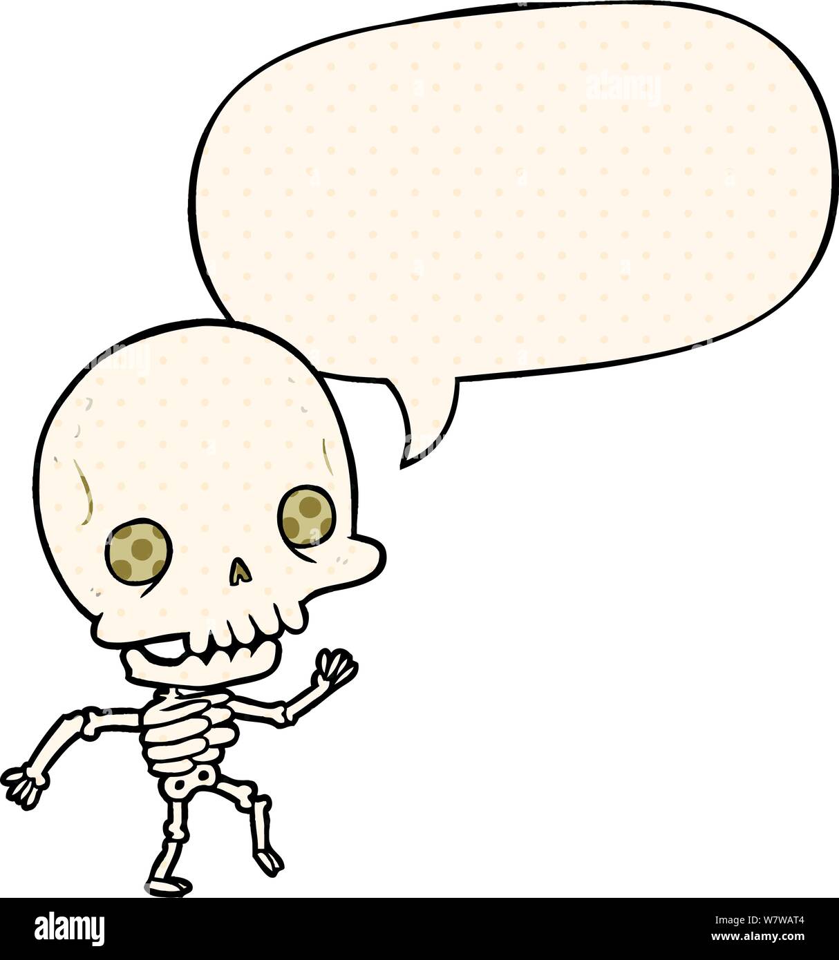 cute cartoon dancing skeleton with speech bubble in comic book style ...