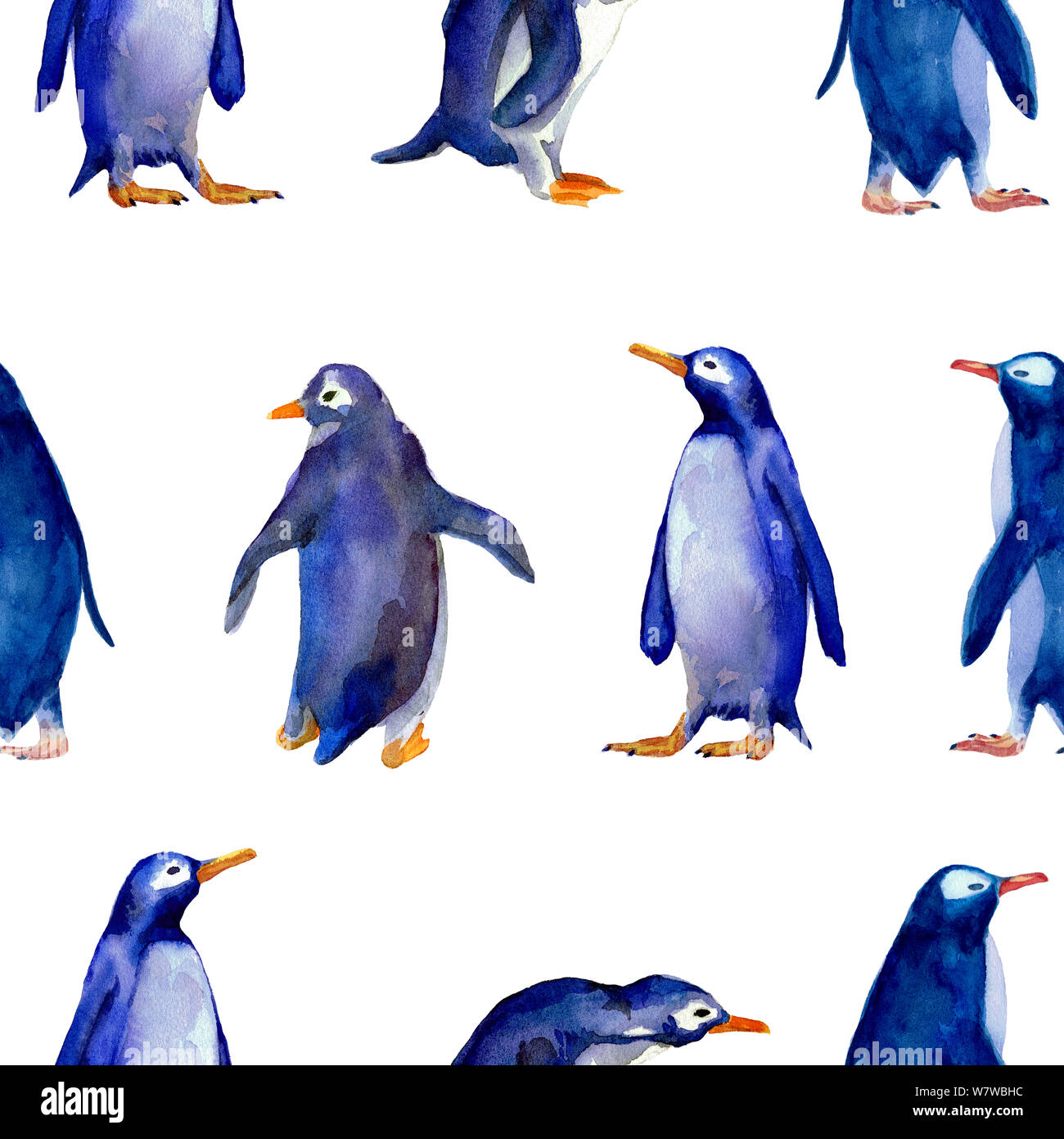 Watercolor hand drawn seamless pattern of different blue penguins ...