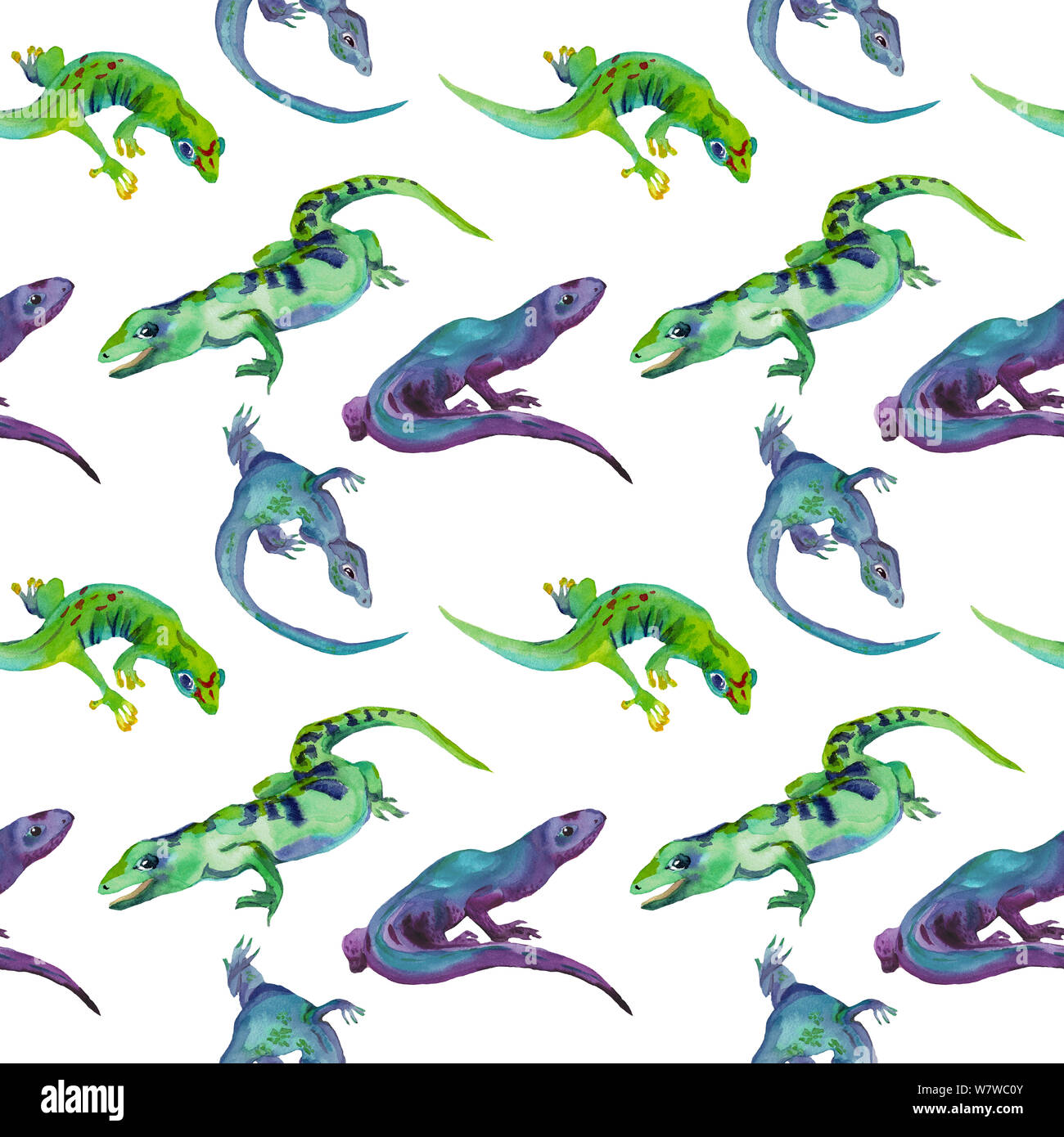 Watercolor hand drawn seamless pattern of different color lizards ...