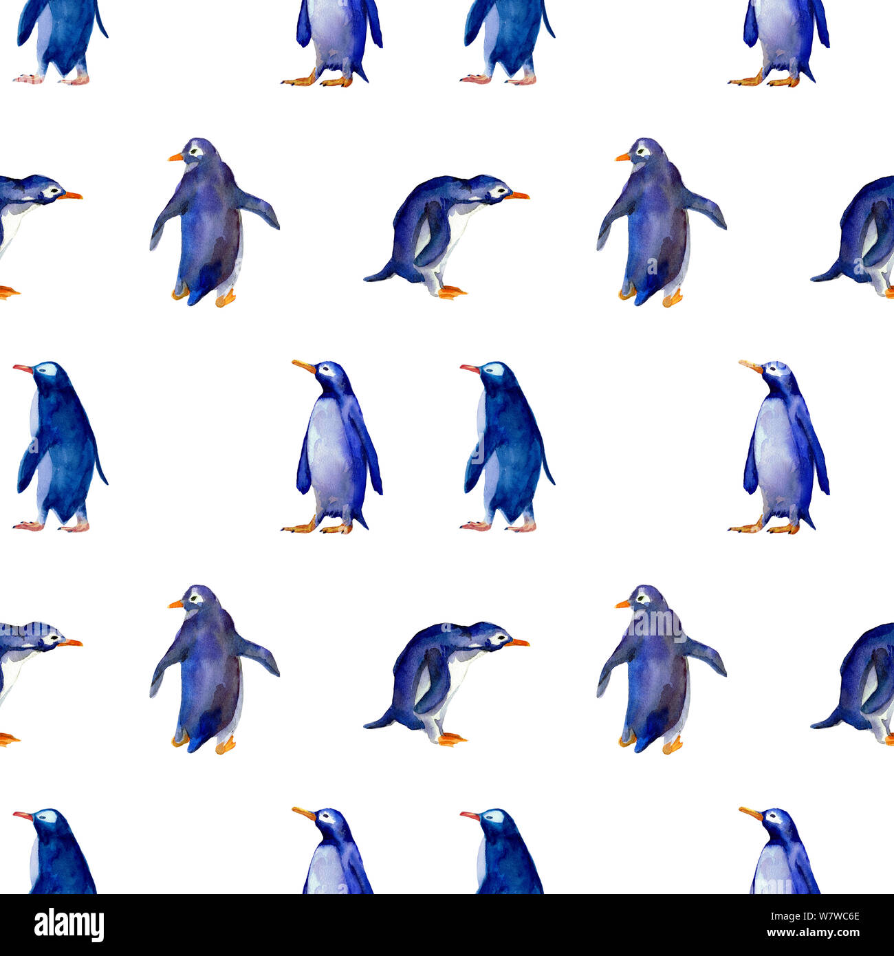 Watercolor hand drawn seamless pattern of different blue penguins ...