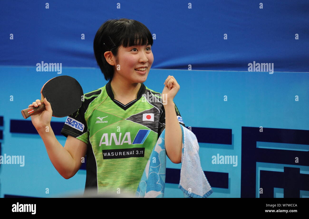 Miu Hirano of Japan celebrates after defeating Chen Meng of China in ...