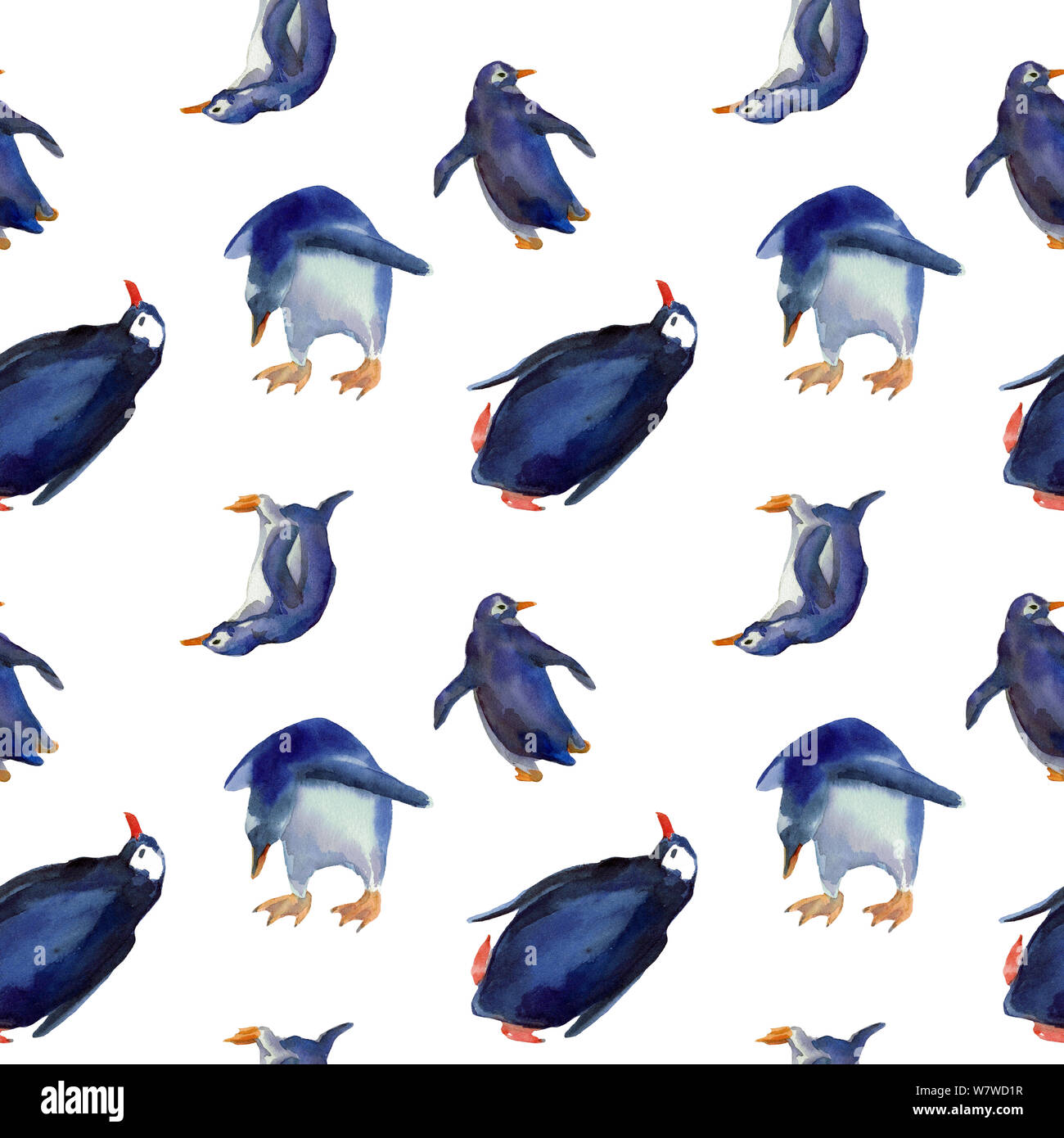 Watercolor hand drawn seamless pattern of different blue penguins ...
