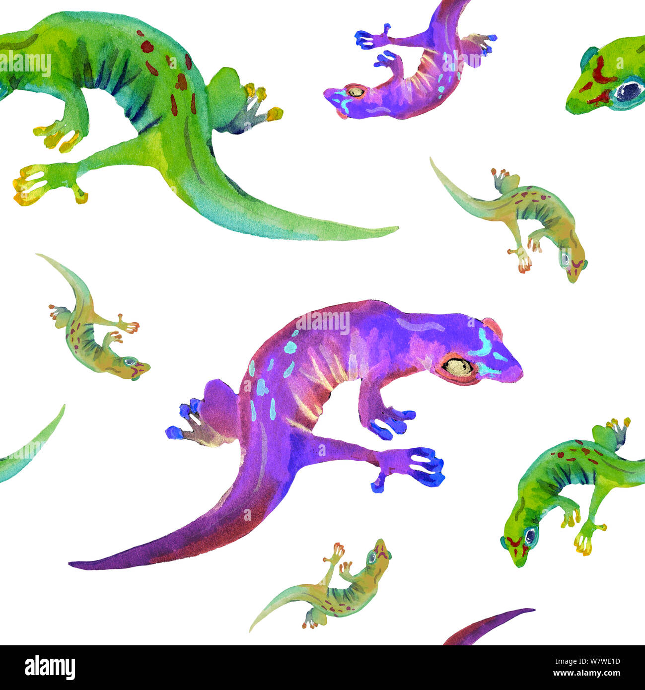 Watercolor hand drawn seamless pattern of different color lizards ...