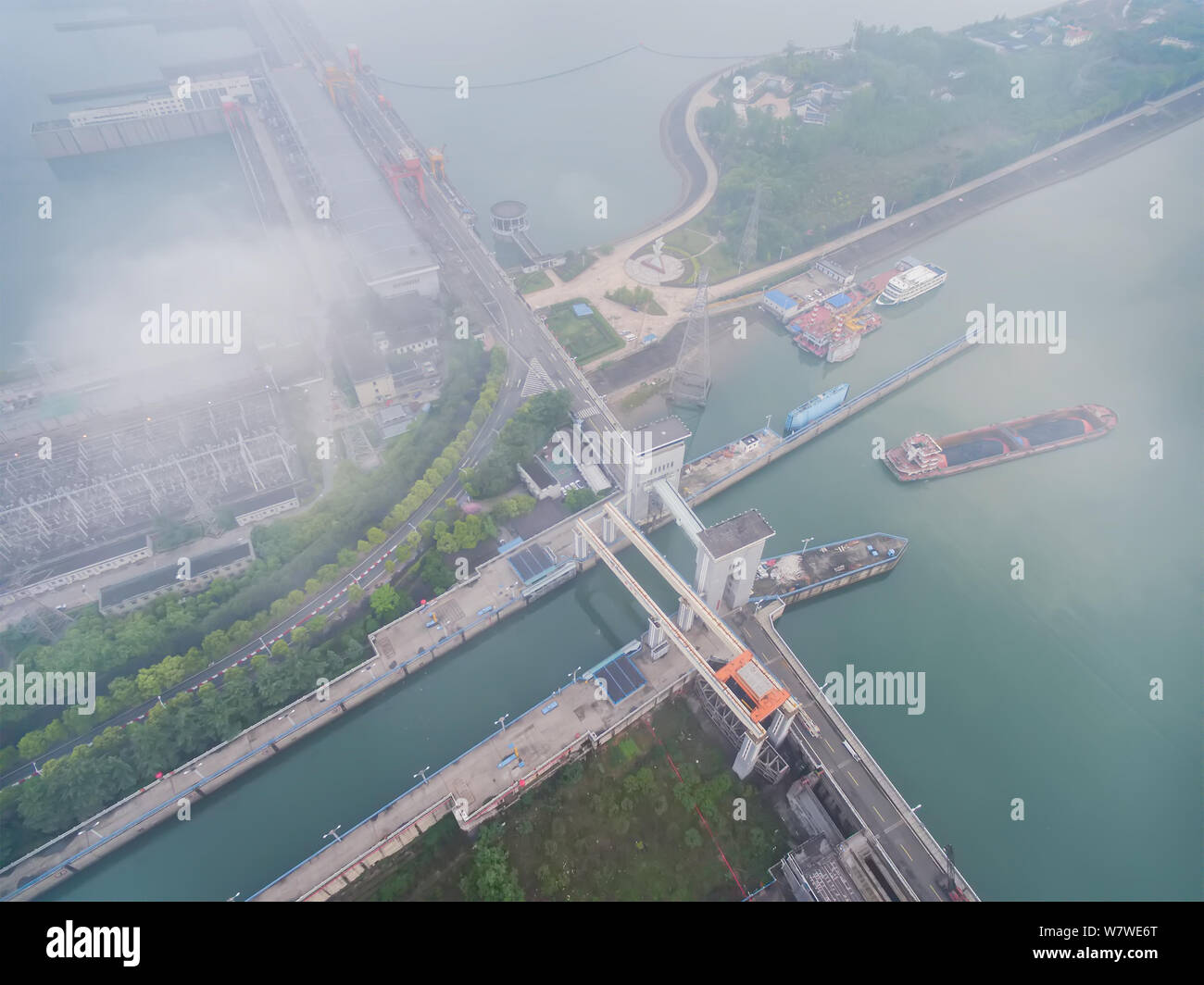 Aerial view of the Gezhouba Dam on the Yangtze River in Yichang city ...