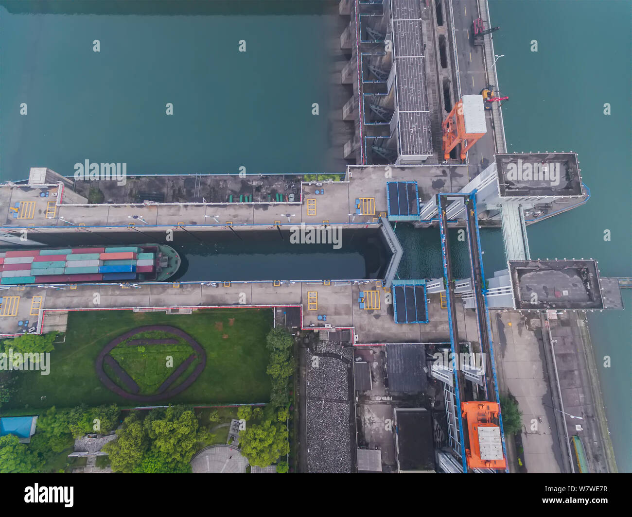 Aerial view of the Gezhouba Dam on the Yangtze River in Yichang city ...