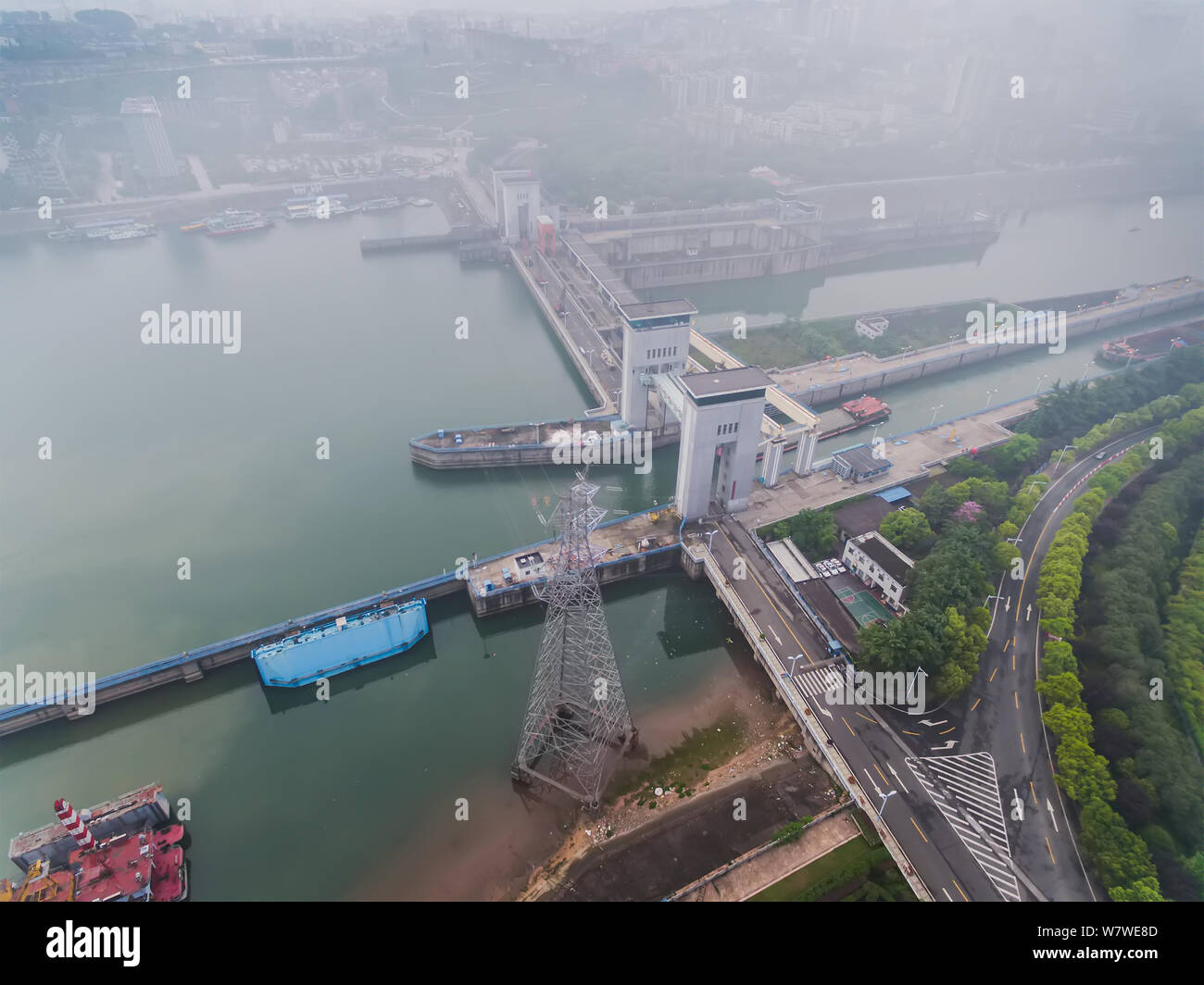 Aerial view of the Gezhouba Dam on the Yangtze River in Yichang city ...