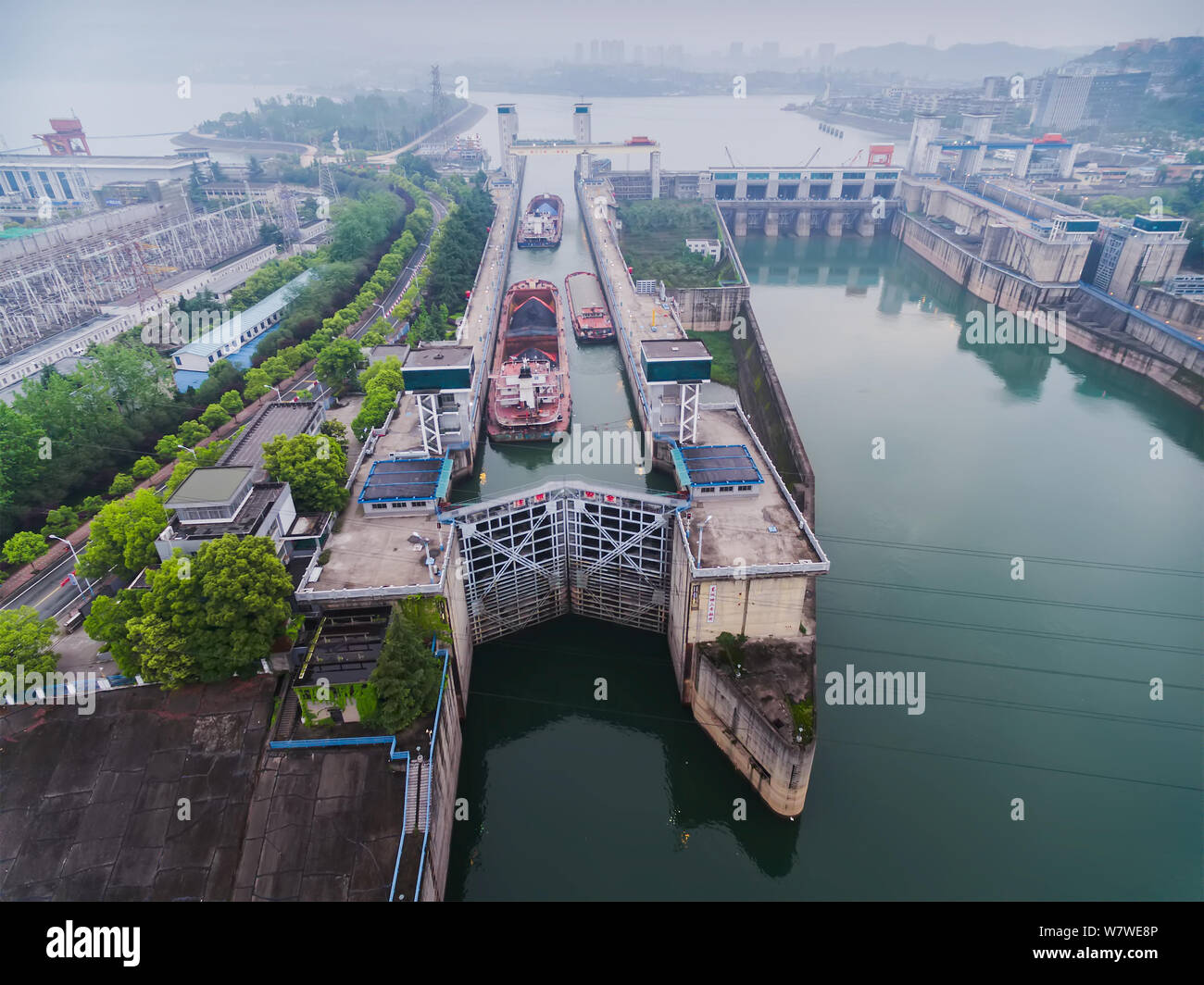 Aerial view of the Gezhouba Dam on the Yangtze River in Yichang city ...