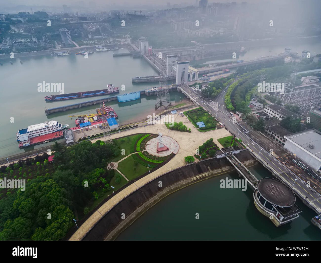 Aerial view of the Gezhouba Dam on the Yangtze River in Yichang city ...