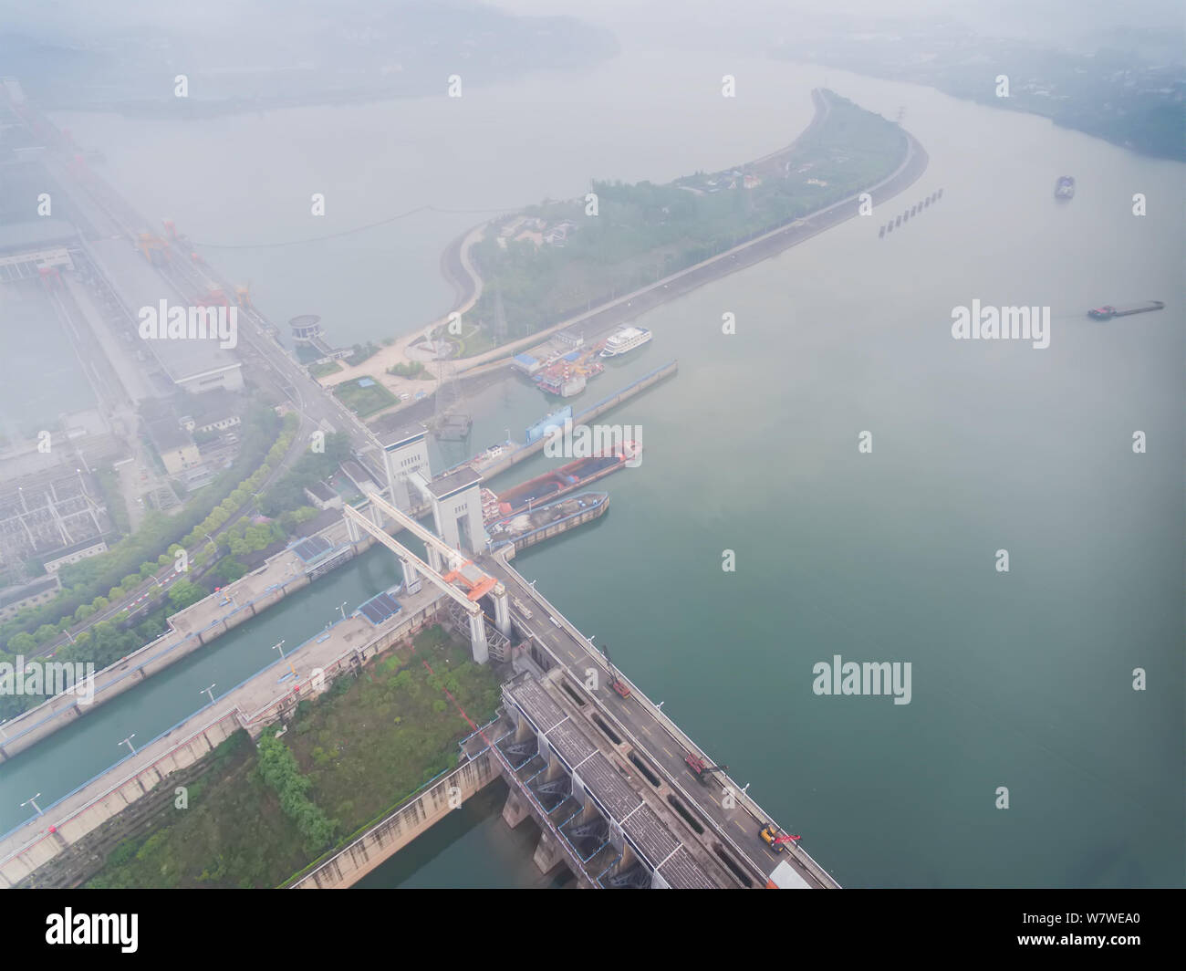 Aerial view of the Gezhouba Dam on the Yangtze River in Yichang city ...