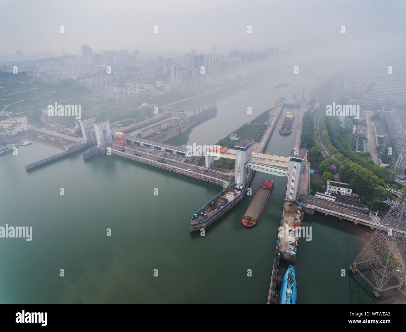 Aerial view of the Gezhouba Dam on the Yangtze River in Yichang city ...