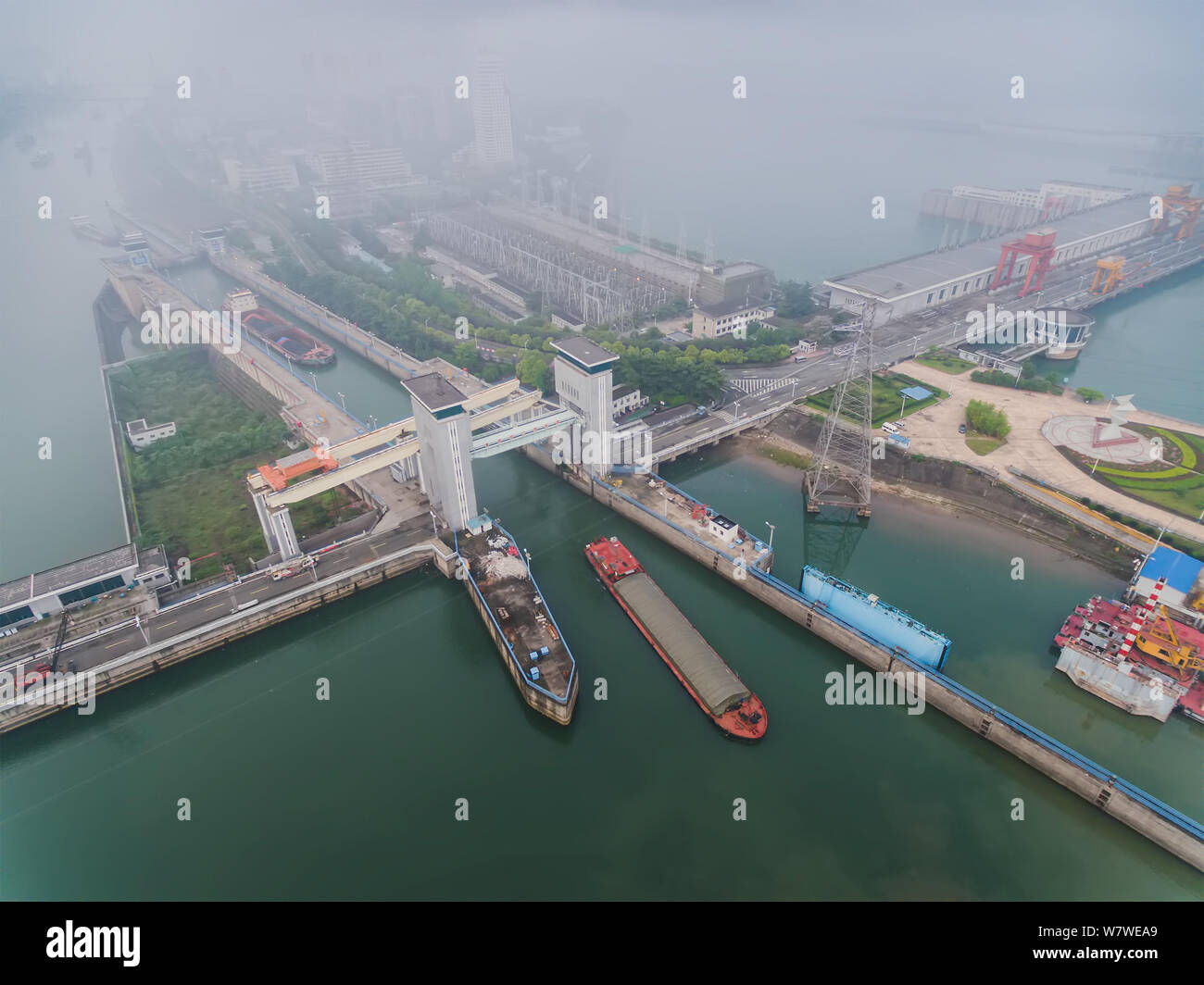 Aerial view of the Gezhouba Dam on the Yangtze River in Yichang city ...