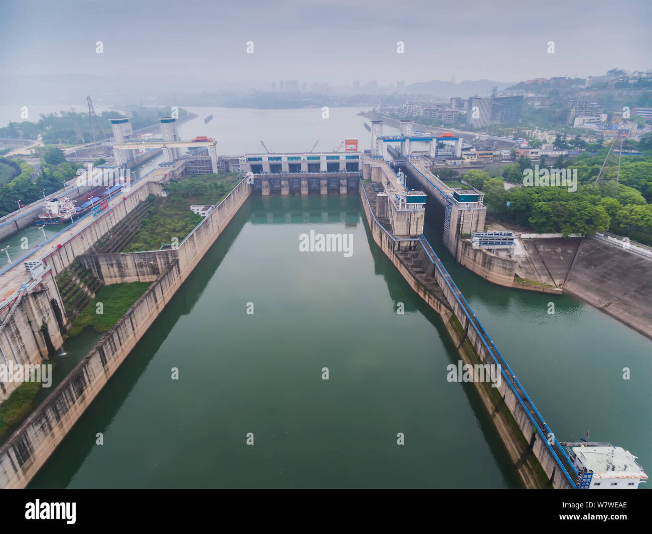 Aerial view of the Gezhouba Dam on the Yangtze River in Yichang city ...