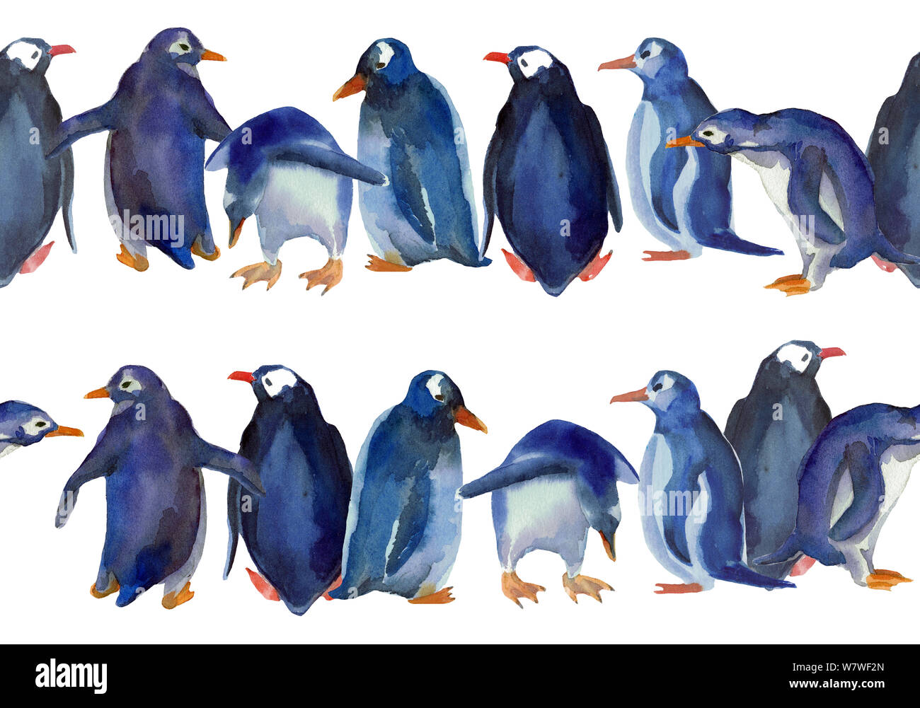 Watercolor hand-drawn illustration of different blue penguins stand in ...