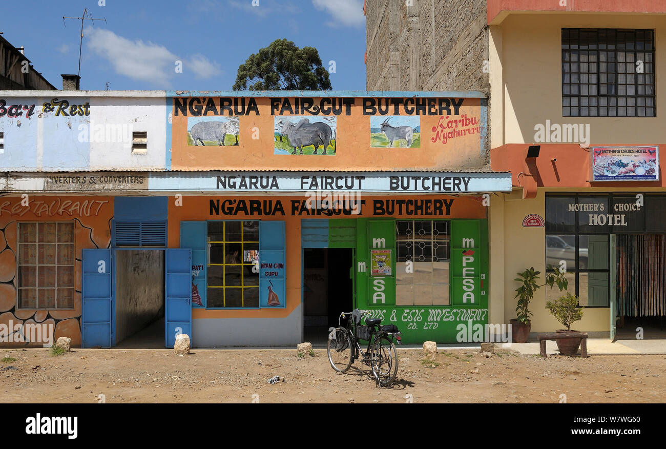 Small shops including a butchers with a bicycle outside, Kenya, October ...