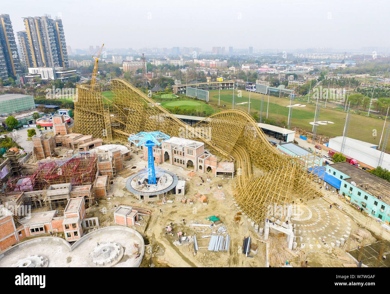 Aerial view of the construction site of a wooden roller coaster at ...
